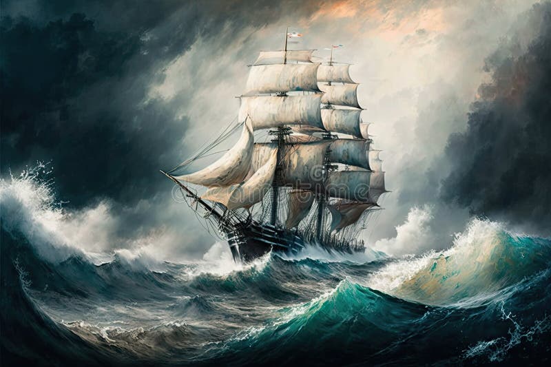 Ship at Sea with Sails Torn and Sailing in a Storm Stock Illustration ...