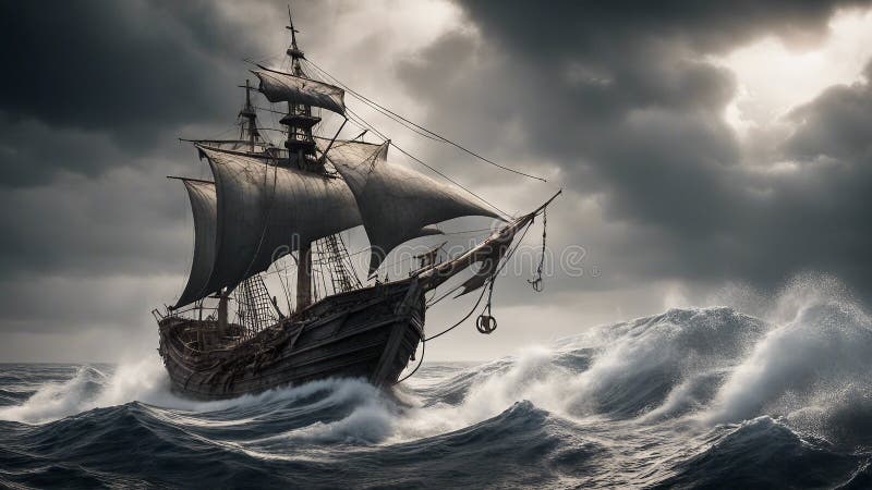 Ship in the Sea a Scary Sail Boat in a Sea with Storm the Boat is Made ...