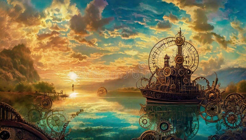 Ship at Sea in Steampunk Style at Sunset Stock Illustration ...