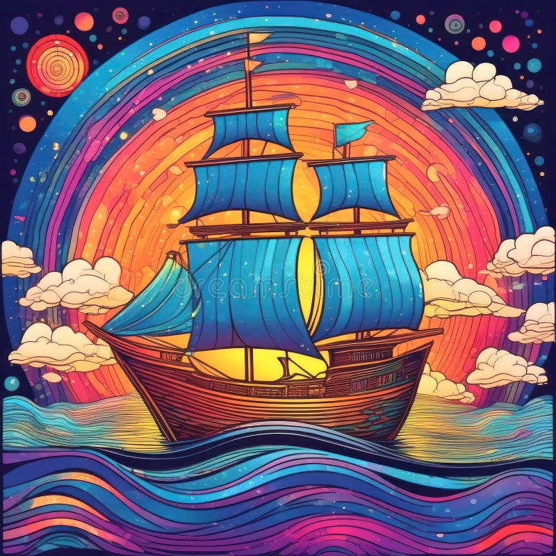 A Ship on the Sea on the Waves. Illustration of a Child S Drawing Stock ...