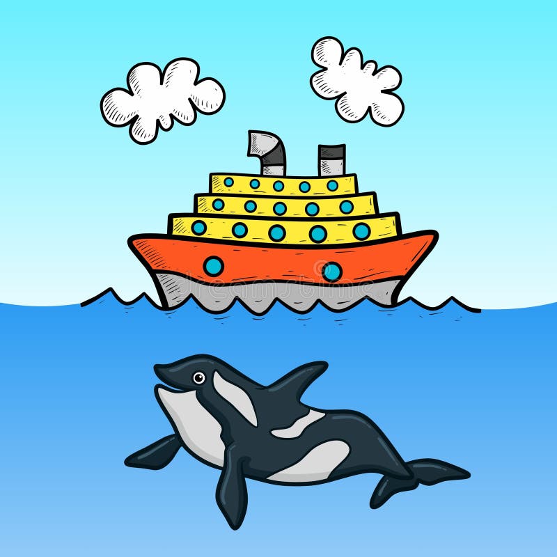 Ship on the sea with whale stock illustration. Illustration of vessel ...