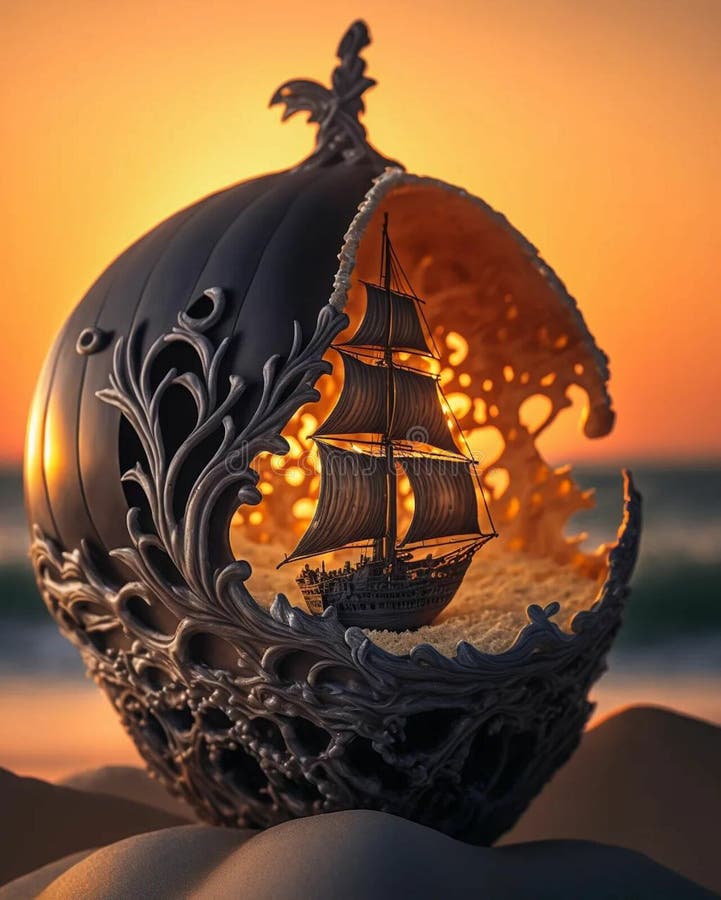A Ship in a Shell with a Wave Design on the Bottom. Stock Image - Image ...