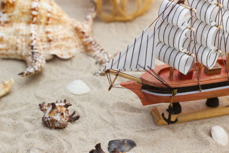 Ship,shells on sandy beach stock image. Image of space - 67061133