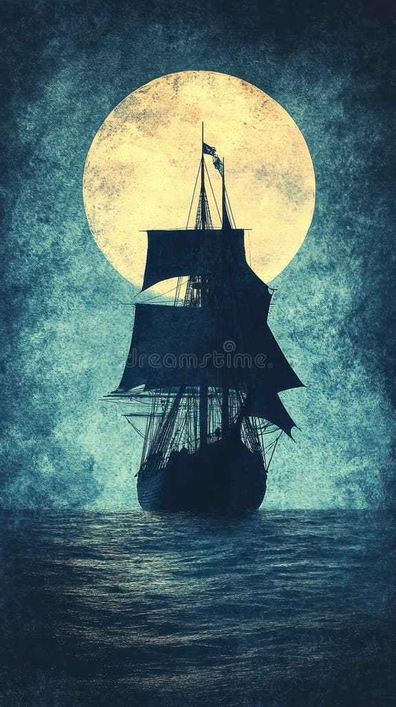 Ship Silhouette Under Moonlight on the Sea Stock Image - Image of ...