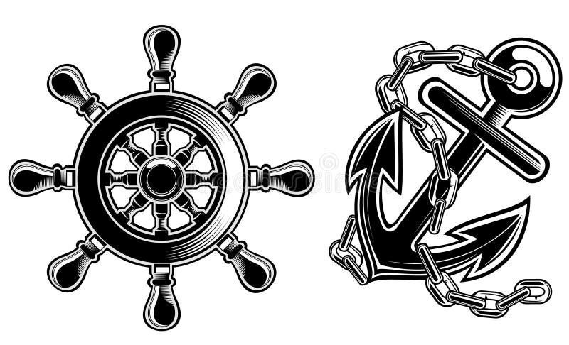 Ships Wheel and Anchor Drawing Stock Vector - Illustration of heavy ...