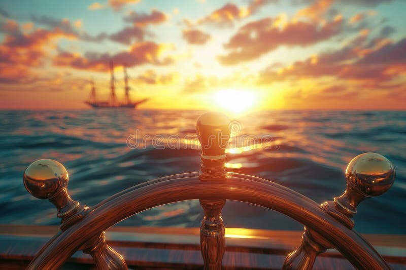 Ship Steering Wheel or Helm. Sunset Sky Over the Ocean Horizon ...