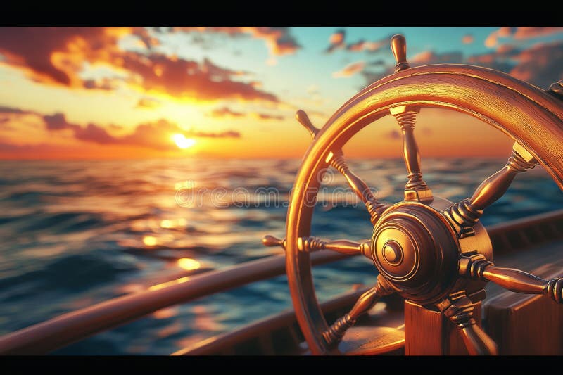 Ship Steering Wheel or Helm. Sunset Sky Over the Ocean Horizon ...