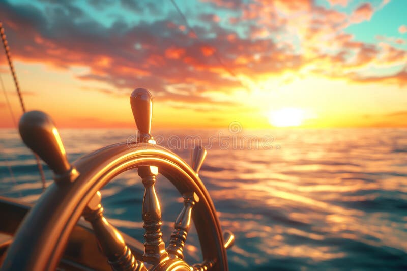 Ship Steering Wheel or Helm. Sunset Sky Over the Ocean Horizon ...