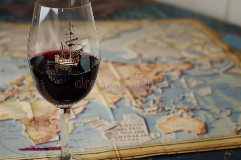 Ship in a Stemmed Glass of Red Wine, on a Table with Nautical Charts ...