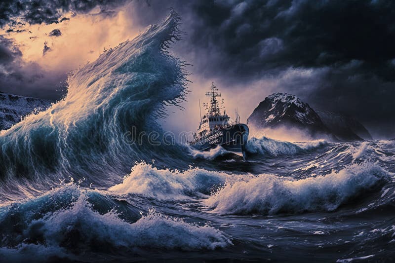 A Ship in a Storm on the High Seas is Threatened by a Gigantic Monster ...