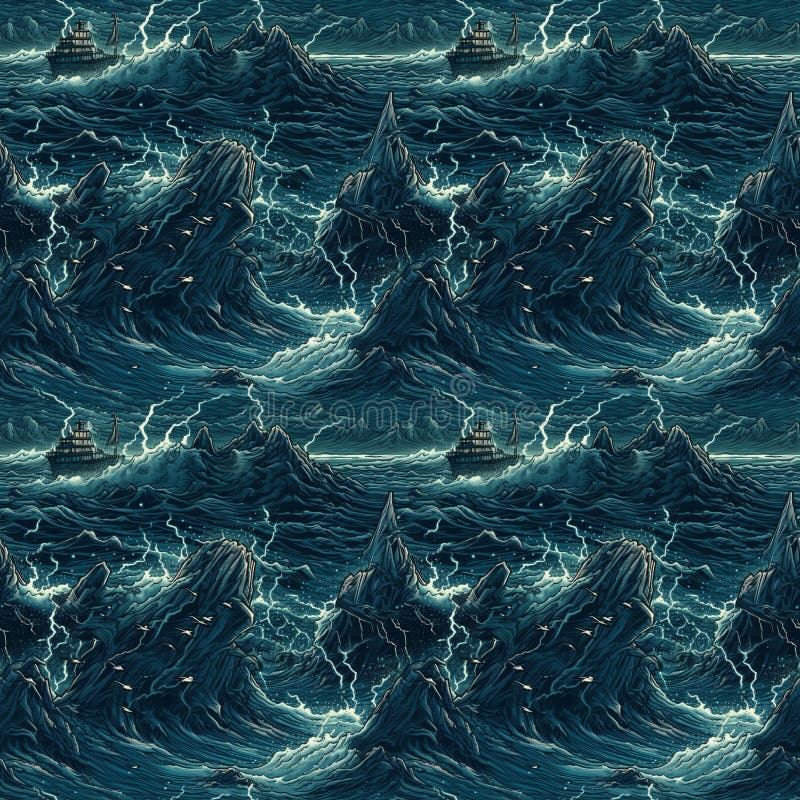 Ship in a Storm Sea in the Background Stormy Clouds with Lightning. AI ...