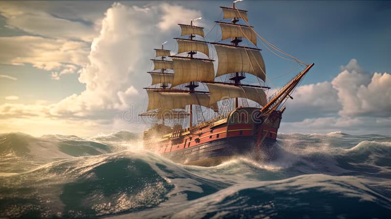 Ship in the Stormy Sea with Huge Waves. Giant Stormy Waves in the Ocean ...