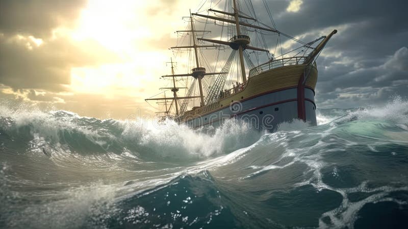 Ship in the Stormy Sea with Huge Waves. Giant Stormy Waves in the Ocean ...