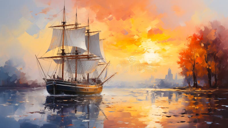 Ship at sunset stock illustration. Illustration of sailboat - 303178521
