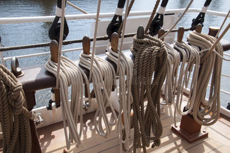 Ship Tackles, Rigging on a Old Frigate Stock Image - Image of line ...
