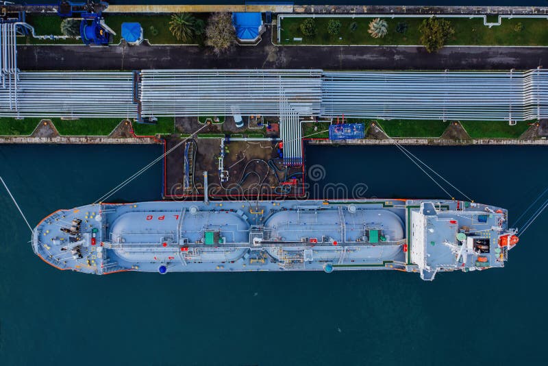 Ship Tanker with LPG. Process of Loading of Tanker, Drone Aerial View ...