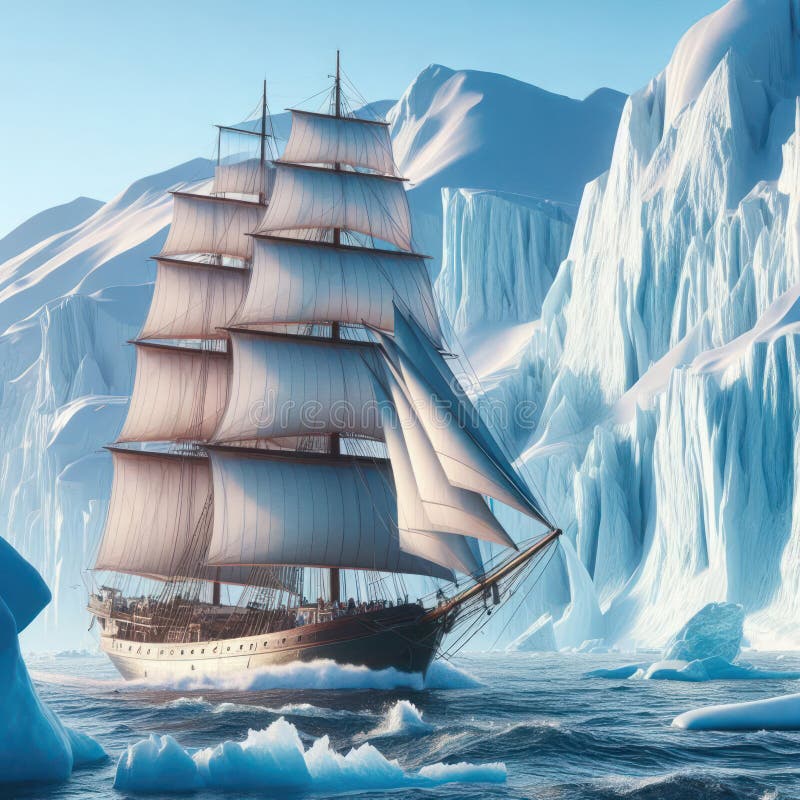 A Ship with Taut Sails Sailing among the Ice. Stock Photo - Image of ...