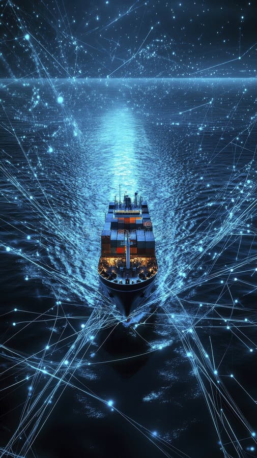 Ship on Tranquil Sea with Glowing Dynamic Patterns Stock Illustration ...