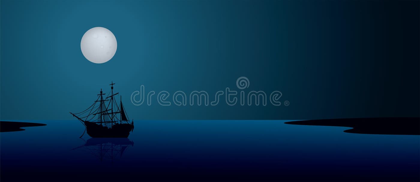 Pirate Ship Sailing Moonlight Stock Illustrations – 206 Pirate Ship ...