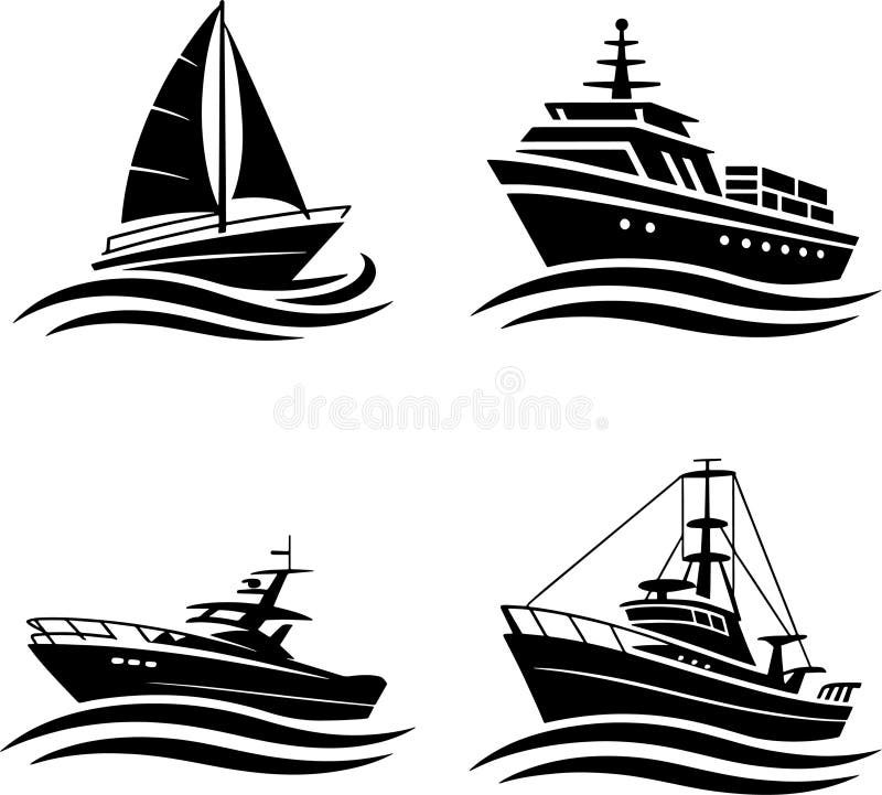 Four Distinct Nautical Vessels Sailing on Stylized Waves Stock Vector ...
