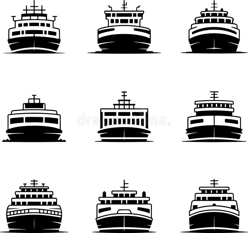 Collection of Stylized Black and White Ferry Boat Illustrations Front ...