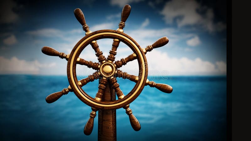 Ship Wheel Against Blue Sea and Sky. 3D Illustration Stock Illustration ...