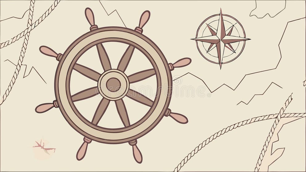 Ship Wheel and Compass on Map, Nautical Exploration Vector, Vector ...