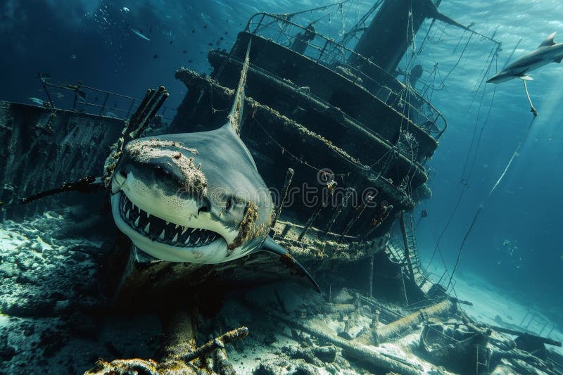 A Ship Wreck on the Seabed with a Shark Swimming Around it Stock ...