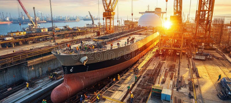 Shipbuilders Working on Large Cargo Ship at Sunset in Dry Dock Stock ...