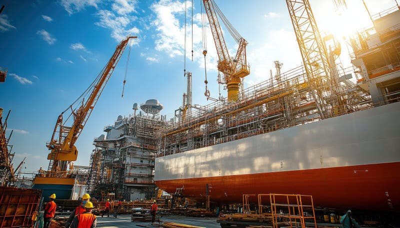 Shipbuilders Working on Large Ship with Cranes in Dry Dock at Sunset ...