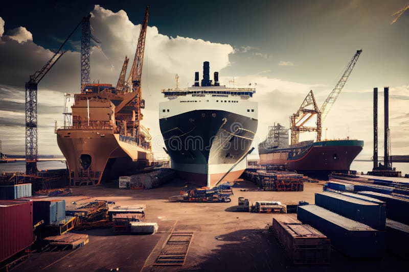 Shipbuilding Facility, with Cranes and Ships in Various Stages of ...