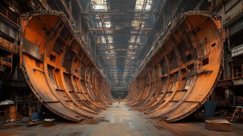 Shipbuilding Process in an Industrial Hall Showcasing a Giant Hull ...