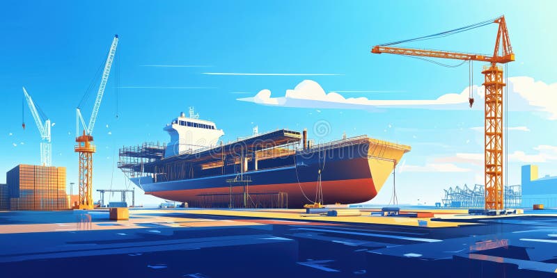 Shipbuilding Process at Modern Shipyard with Cranes, Construction Site ...