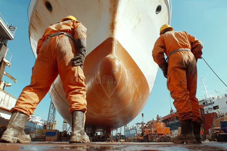 Shipbuilding Workers in Protective Gear Inspect Large Vessel in Dry ...