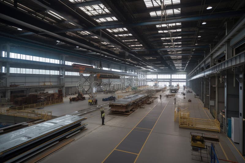 Shipbuilding Workshop, with Overhead Cranes and Other Equipment Visible ...