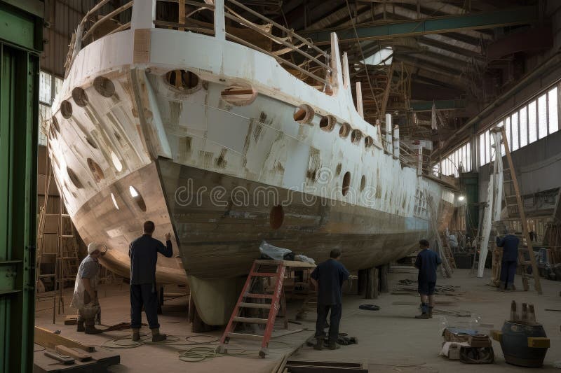 Shipbuilding Workshop, with Workers Building Vessel from Scratch Stock ...