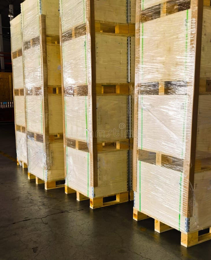 Shipment Cartons Box on Pallets and Wooden Case on Forklift in Interior ...