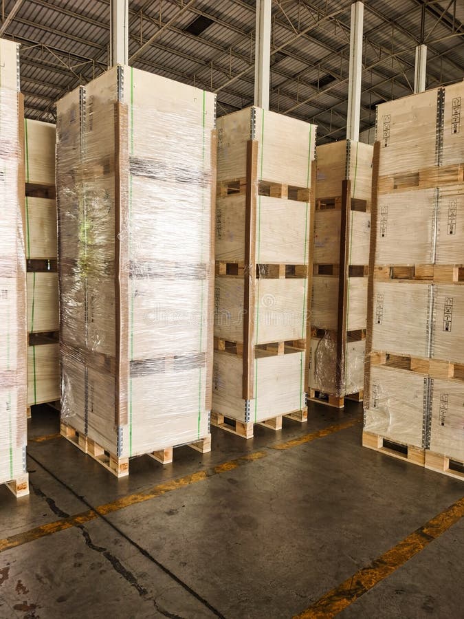 Shipment Cartons Box on Pallets and Wooden Case on Forklift in Interior ...