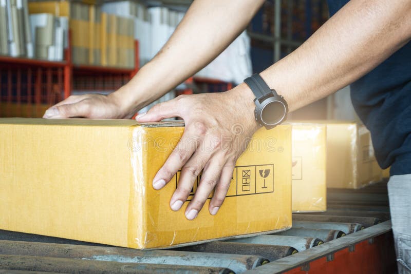 Shipment. Parcel Boxes, Warehousing. Worker Sorting Package Boxes on ...