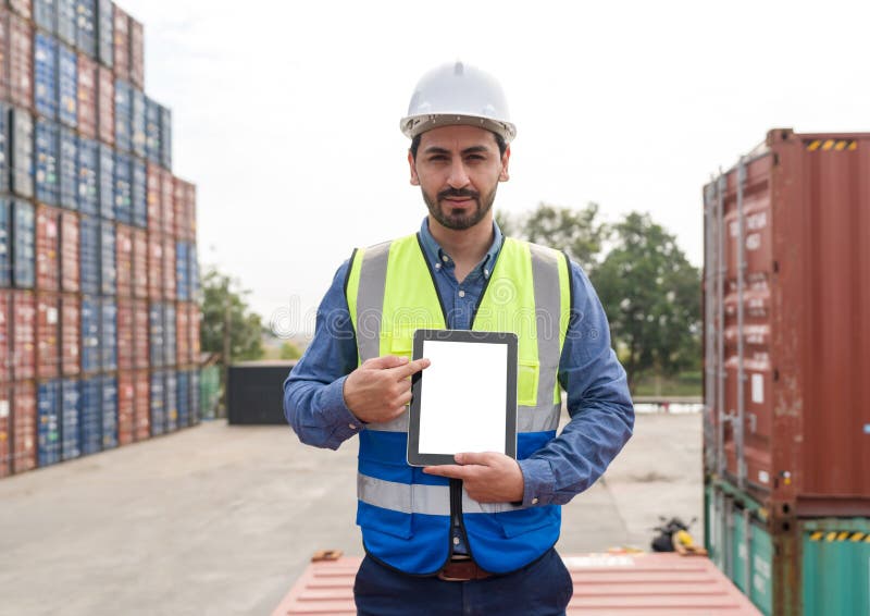 Shipment Worker with Safety Vest and Hardhat Pointing Finger at White ...