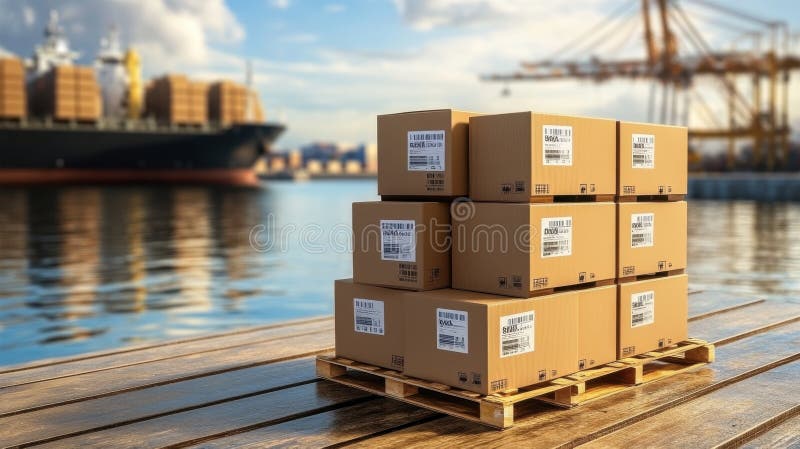 Shipping Boxes on Dockside Pallet with Industrial Port Background at ...
