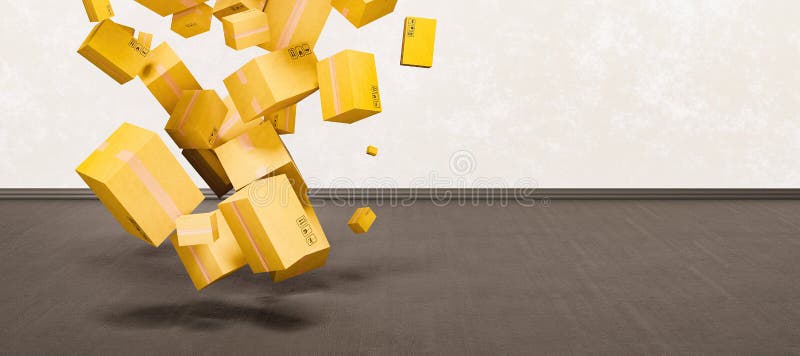 Shipping Boxes Falling on Empty Room with Copy Space. Stock ...