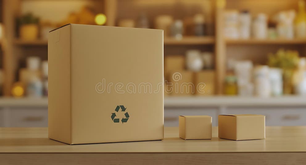 Shipping Boxes on a Table with Recycle Symbol in a Blurred Background ...
