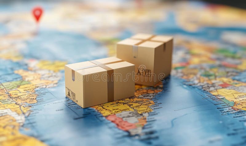 Shipping Boxes on World Map, Representing Logistics, Delivery, and ...