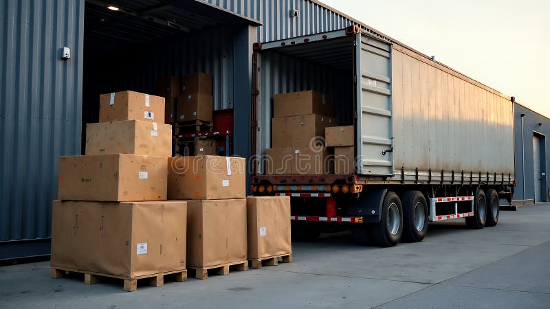 Shipping Cargo Container. Trailer Truck Parked Loading Package Boxes at ...