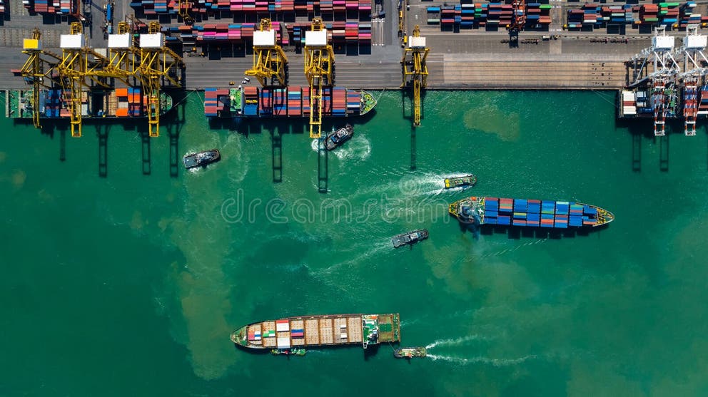 Commercial Port Loading and Unloading Cargo from Container Ship Import ...