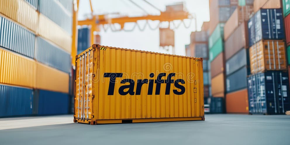 Shipping Container with Bold Tariffs Label in Busy Port Stock ...