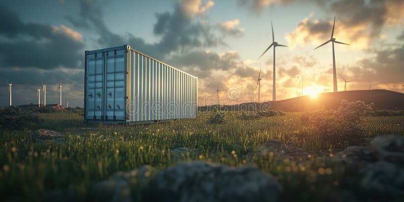 Shipping Container in Green Field with Wind Turbines at Sunset Stock ...