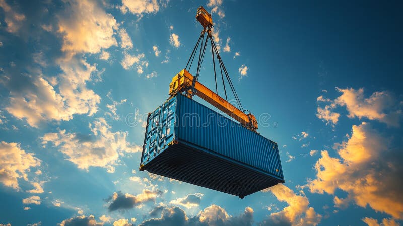 Shipping Container Hanging from Crane Hook Against Cloudy Sky, Logistics and Transportation ...