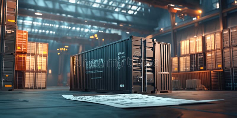 Shipping Container in Industrial Warehouse with Blueprints on the Floor ...